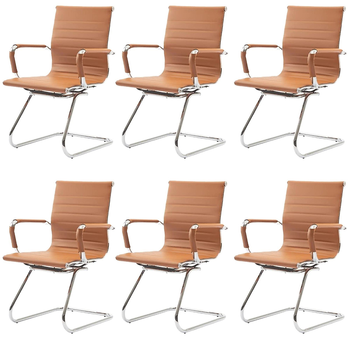 HNY Leather Office Guest Chairs & Reception Chairs Set of 6, Modern Waiting Room Chairs with Arms, Desk Chair no Wheels with Sled Base for Waiting Room/Conference Room, Cognac