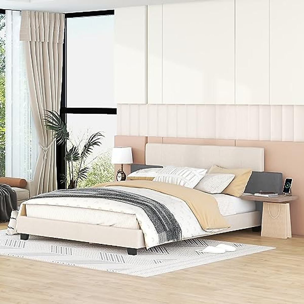 OPTOUGH Queen Size Upholstered Platform Bed with Bedside Shelves and USB Charging Design, Wooden Bedframe w/Slats Support, for Bedroom, Beige+Gray