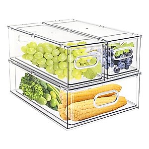 Mano 3Pack Fridge Drawer Pull Out Stackable Bins with Handle Clear Refrigerator Drawers Organizer Food Storage Container Box with Dividers Plastic Produce Saver for Pantry, Cabinet, Kitchen（2S+L）