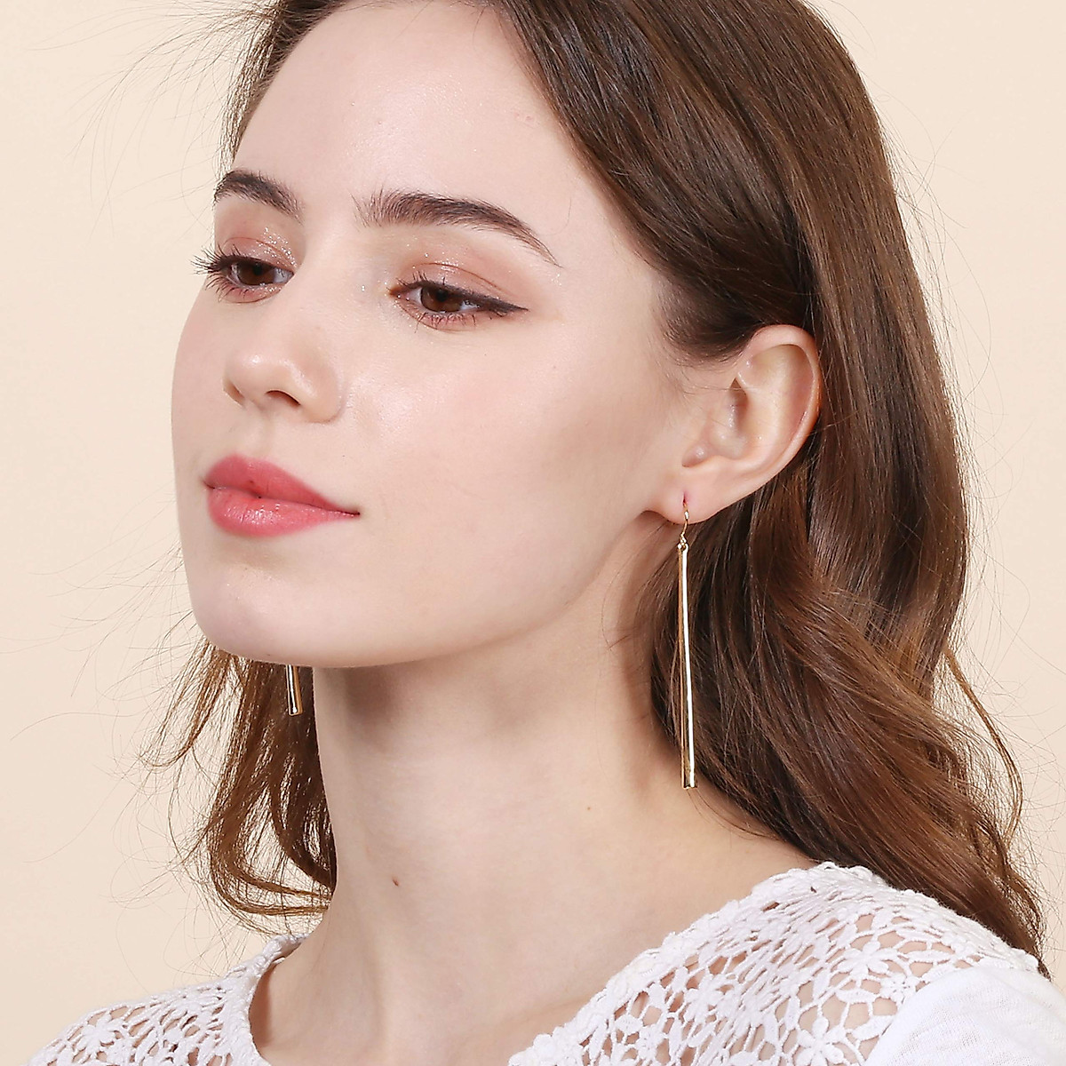 Bonaluna Long, Thin, Hammered, Shield Metal Bar Basic Dangle Drop Earrings for Women