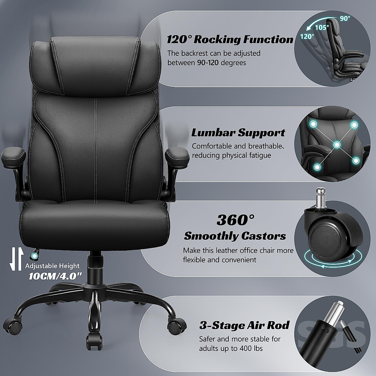 HeroSet Office Chair, Ergonomic Big and Tall Computer Desk Chairs, Executive Breathable Leather Chair with Adjustable High Back Flip-up Armrests, Lumbar Support Swivel PC Chair with Rocking Function