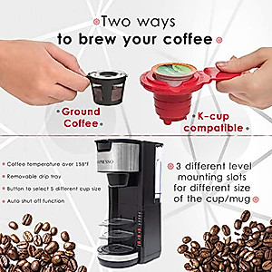 Mixpresso Single Serve 2 in 1 Coffee Brewer K-Cup Pods Compatible & Ground Coffee,Compact Coffee Maker Single Serve With 30 oz Detachable Reservoir, 5 Brew Size and Adjustable Drip Tray (Black)
