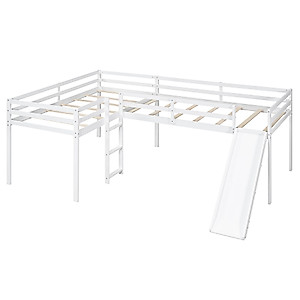Harper & Bright Designs L-Shape Loft Beds with Slide, Twin Loft Bed Frame Corner Bunk Bed for 2 Kids, Wood White Loft Bed for Girls Boys Teens