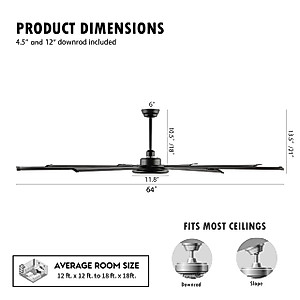 WINGBO 64" Ceiling Fan with Lights and Remote Control, Matte Black Ceiling Fan, 8 Reversible Blades, 6-Speed Noiseless DC Motor, Modern Ceiling Fan for Kitchen Bedroom Living Room, ETL Listed