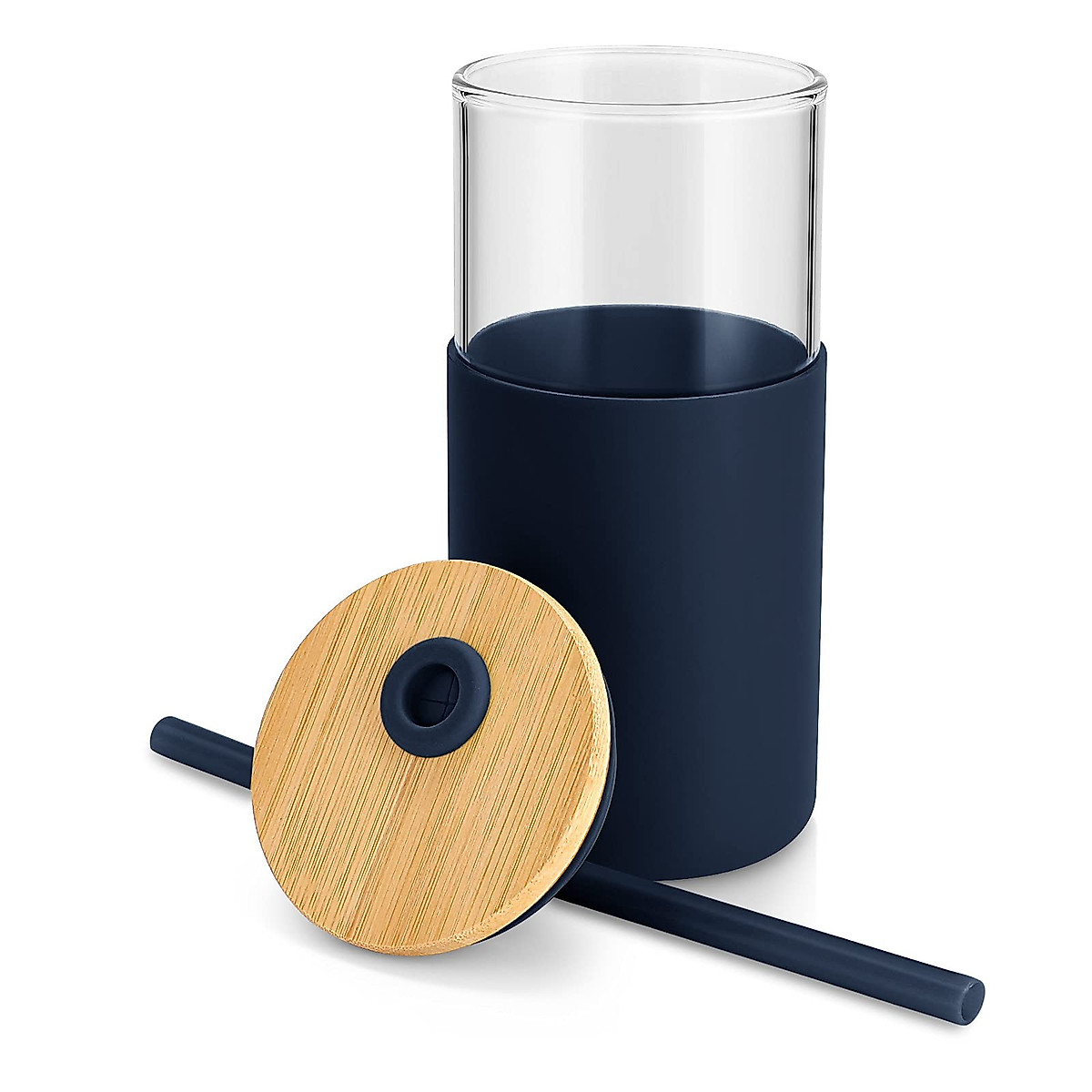 Tronco 16 oz Glass Tumbler with Straw and Bamboo Lid, Iced Coffee Cup Reusable, Smoothie Cups, Tumbler with Silicone Protective Sleeve - BPA Free