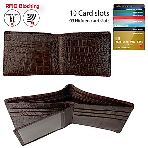 Dark Brown Bifold Leather Wallet For Men With Flip Out ID Holder Credit Card Premium RFID Blocking AIIgator Double Side Handmade Gift For Birthday Wedding Anniversary Father's Day VINAM-100