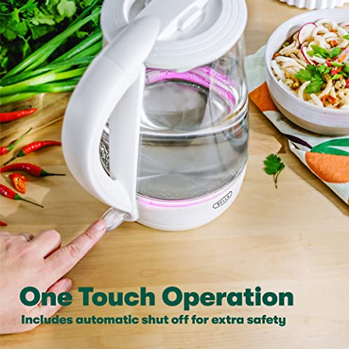 BELLA 1.7 Liter Glass Electric Kettle, Quickly Boil 7 Cups of Water in 6-7 Minutes, Soft Pink LED Lights Illuminate While Boiling, Cordless Portable Water Heater, Carefree Auto Shut-Off, White