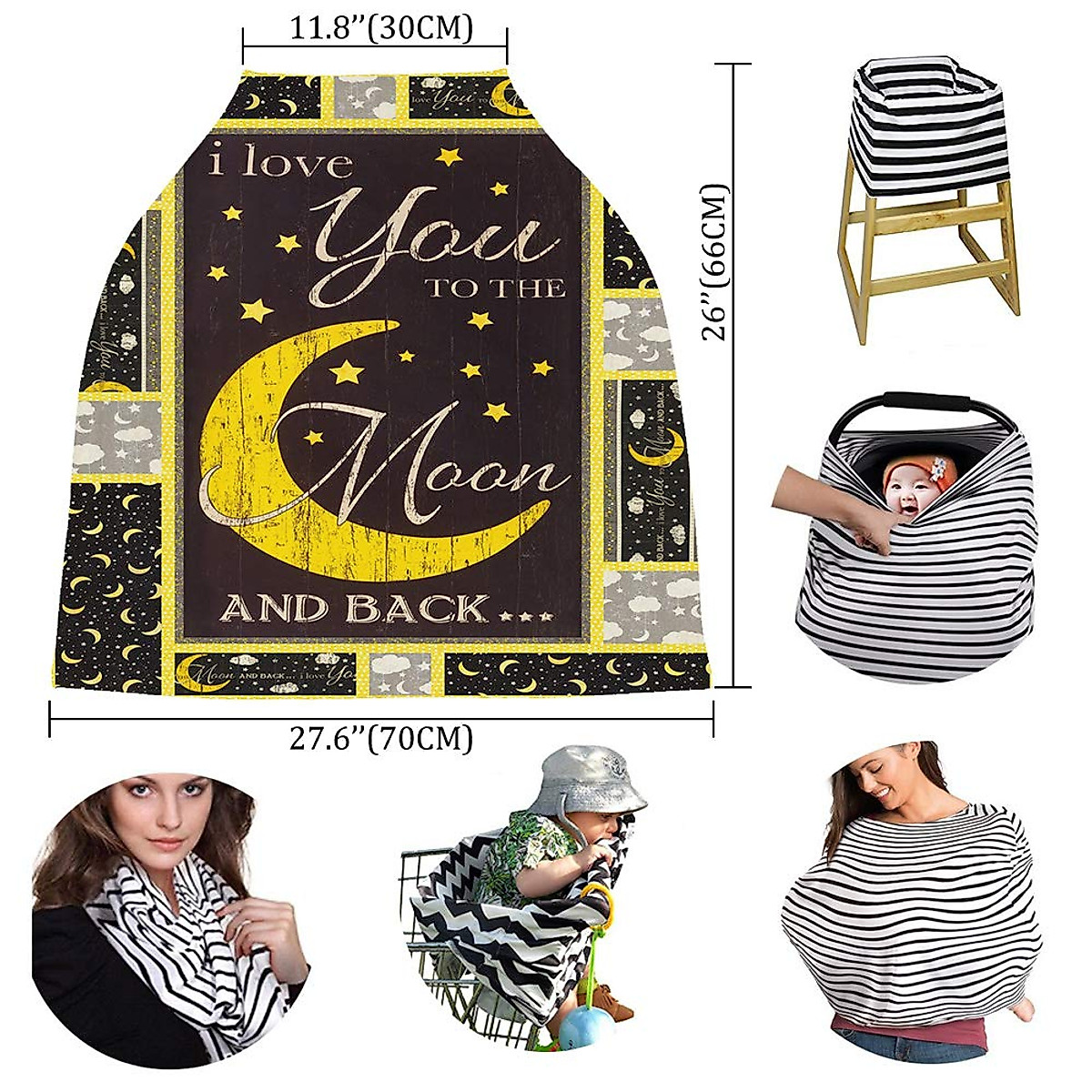 Car Seat Canopy Nursy Cover I Love You to The Moon and Back, Multi Use Breastfeeding Scarf for Infant Carseat Canopy Stroller Shopping Cart Highchair Romantic Words