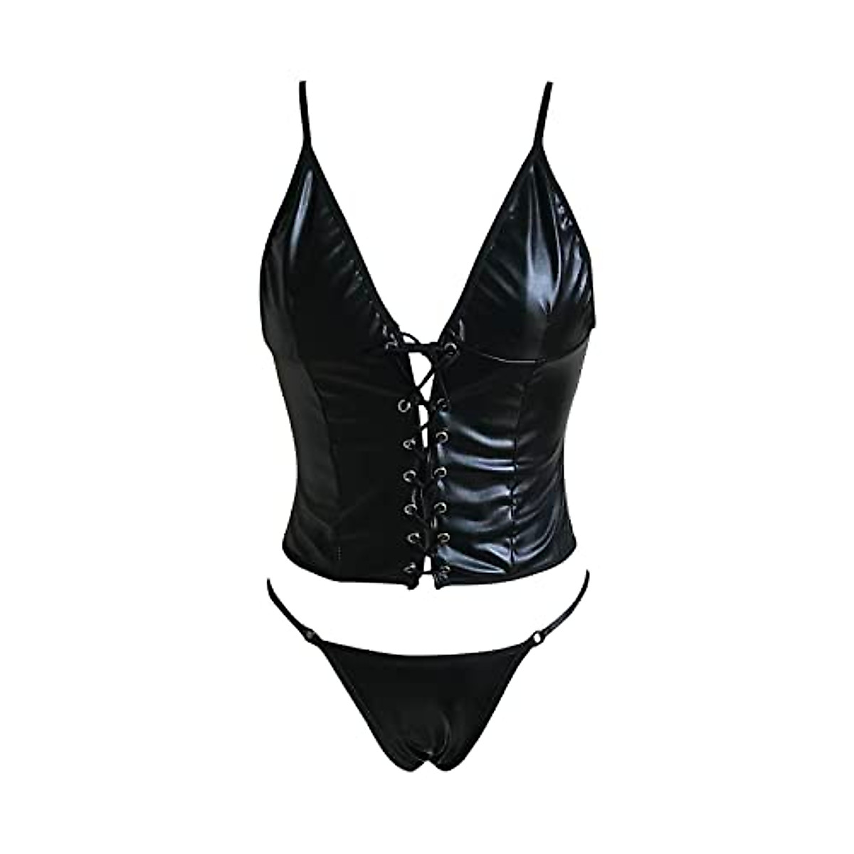 Lingerie for Women Sexy Naughty PU Leather Long Sleeve Front Zipper Babydolls Wet Look Clubwear Mini Dress Chemises Teddies