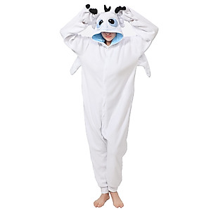 dressfan Animal White Dragon Onesie Pajamas Costume Halloween Cosplay Costume Christmas Pajamas for Unisex Adults Teens XXL