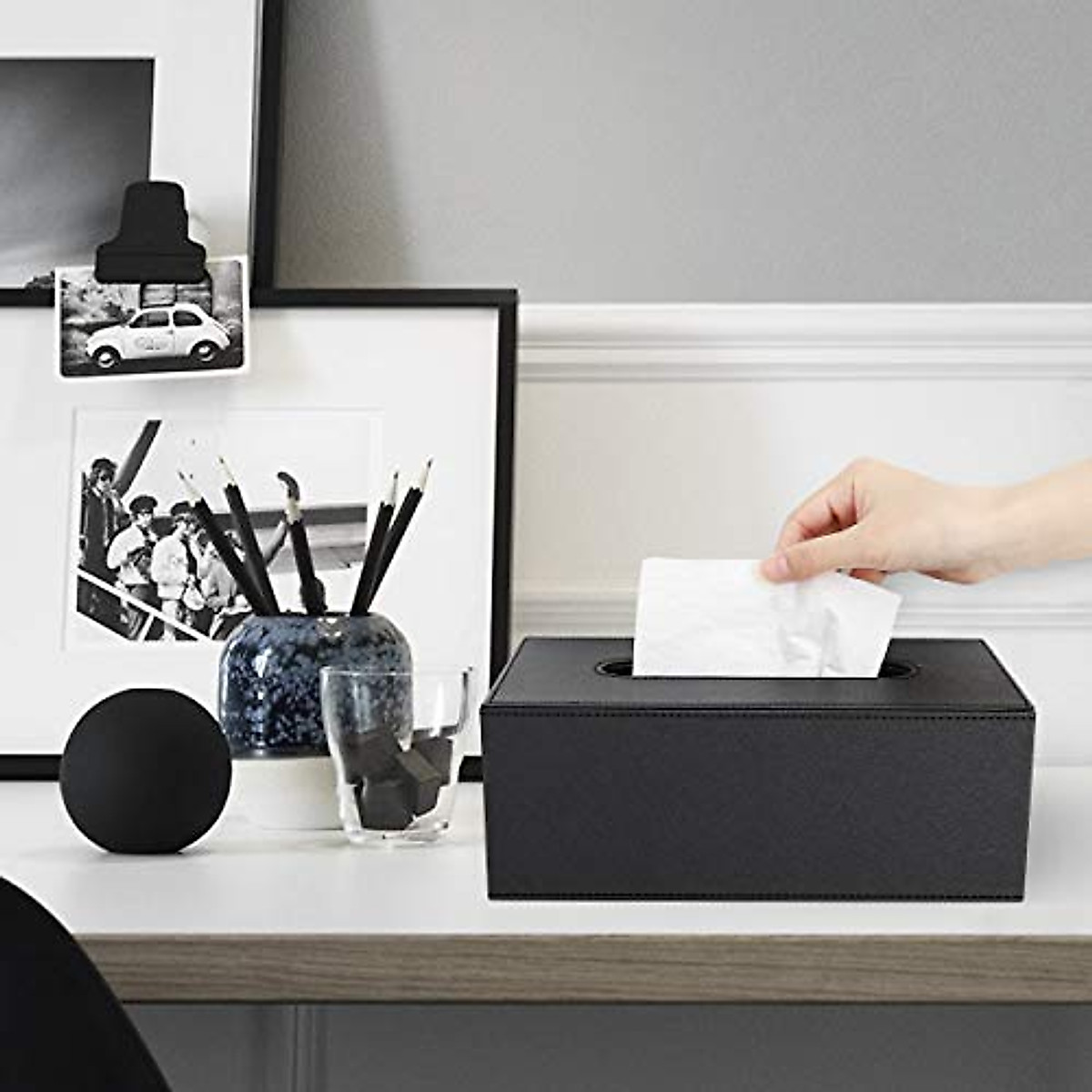 Luxspire Rectangular PU Leather Tissue Box Cover Holder, Facial Tissue Box Cover Toilet Paper Box Case Napkin Dispenser for Countertop Bedroom Car Office Bathroom Home Deco Accessories, Black