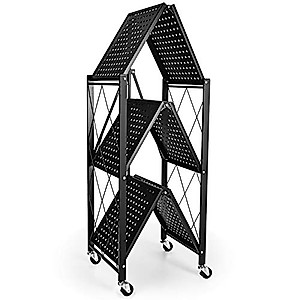 HealSmart 3-Tier Foldable Metal Heavy Duty Storage Shelving Unit with Wheels, Organizer Shelves for Garage Kitchen Holds up to 750 lbs Capacity, Black