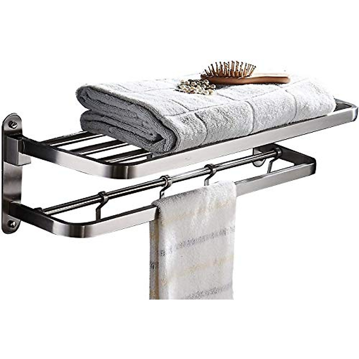 ELLO&ALLO Stainless Steel Towel Racks for Bathroom Shelf Double Towel Bar Holder with Hooks Wall Mounted Multifunctional Foldable Brushed Nickel