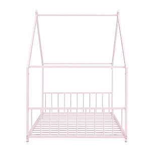 THINK 30 Twin Size House Bed for Kids, Metal Floor Bed Frame with Fence, Fun Montessori Playhouse Bed for Girls and Boys, Teens (Pink, Twin)