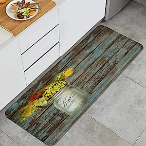 Mason Jar Floral Barn Wood Western Country Anti Fatigue Kitchen Mat Comfort Floor Mats Non-Slip Oil Stain Resistant Easy to Clean Kitchen Rug