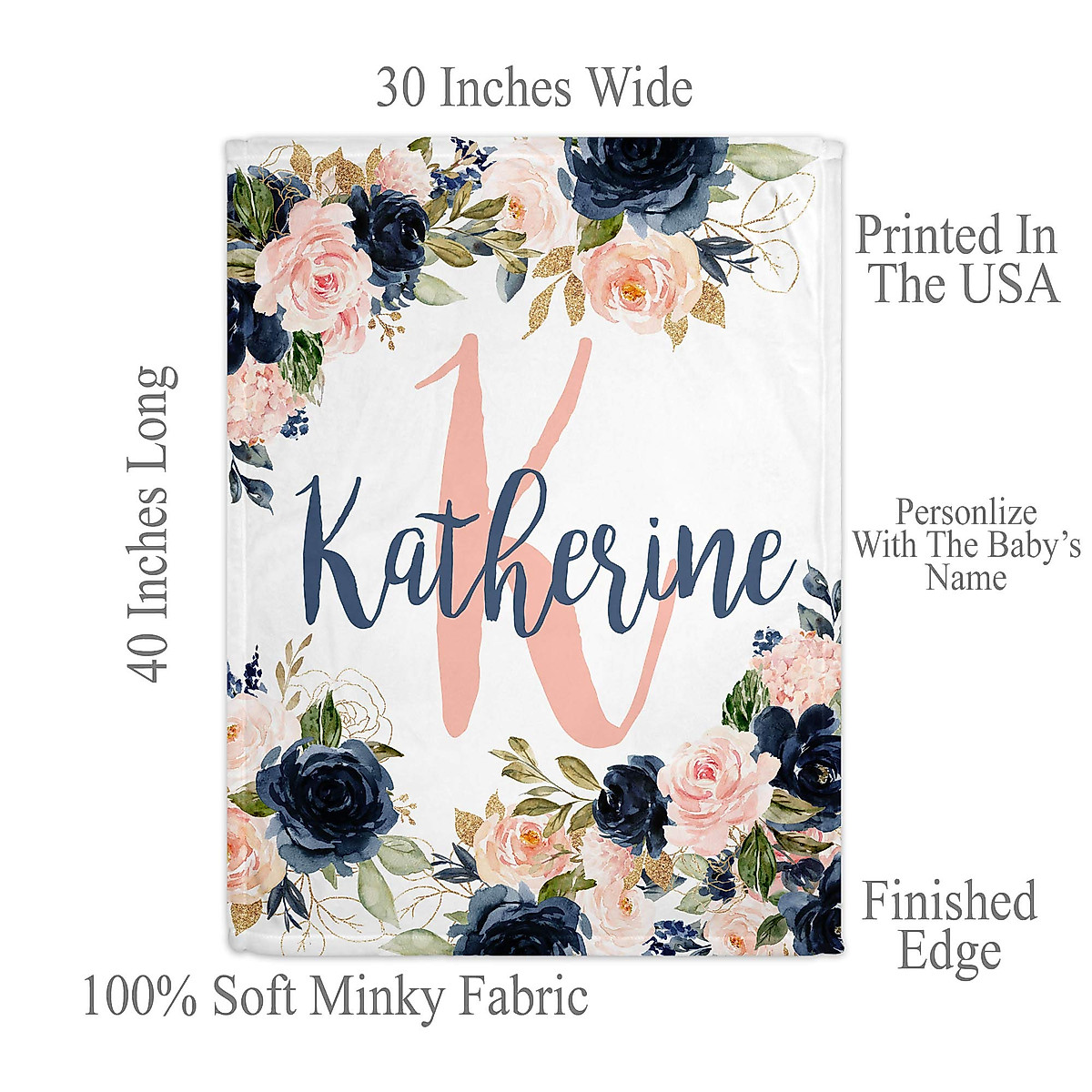 GLAM Polyester Personalized Baby Blanket - 30' X 40' - Navy and Blush Pink Themed - Custom Baby Blankets for Girls