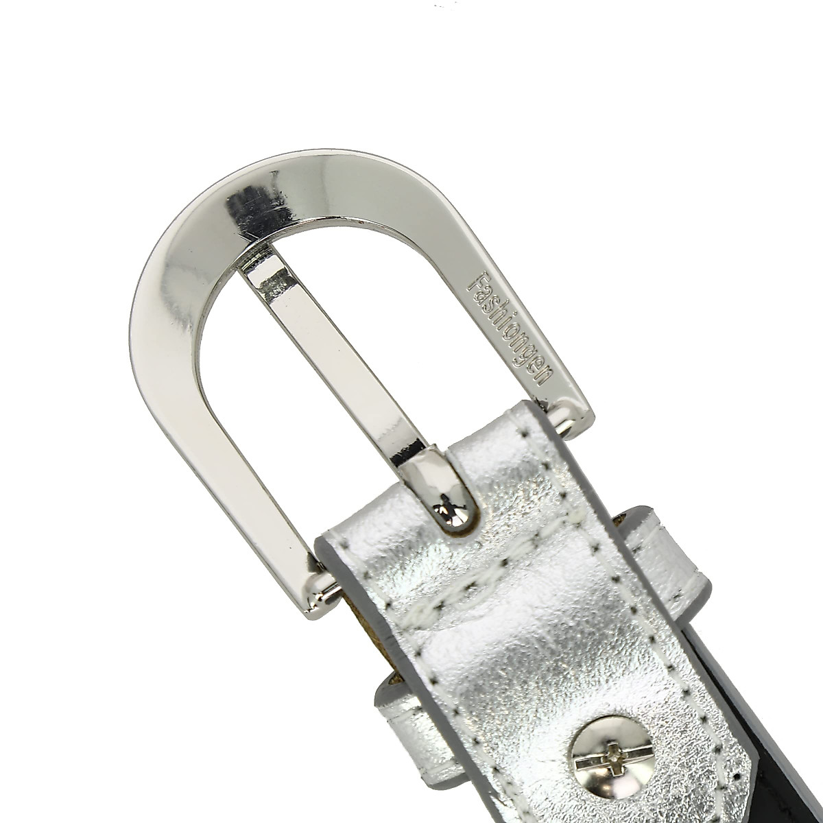 FASHIONGEN - Women genuine Italian leather belt LUNA, Made in France - Silver, 85 cm (33 in) / Waist size 31 to 32