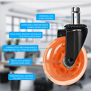 3" Office Chair Caster, Hirate Durable Computer Desk Chair Casters Replacement Set of 5 Heavy Duty Protection for All Floors, Universal Stem 11mm (7/16"x7/8")