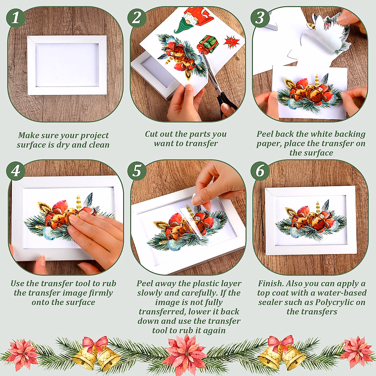 Glenmal 24 Sheets Christmas Rub on Transfers for Crafts and Furniture Rub on Transfer Stickers Snowman Gnome Floral Rub on Decals for Wood DIY Craft Furniture, 5.9 x 5.9 Inch