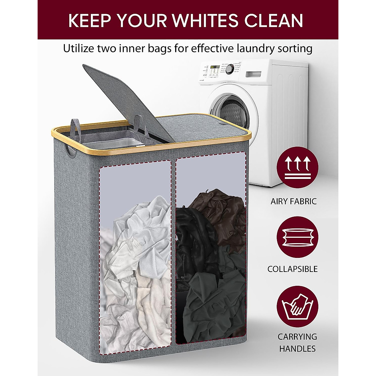 150L Double Laundry Hamper with Lid - CHAMUTY Dirty Clothes Hamper, Collapsible Laundry Baskets, Tall and Slim Design, Perfect for Dorm and Bedroom Use (Grey)