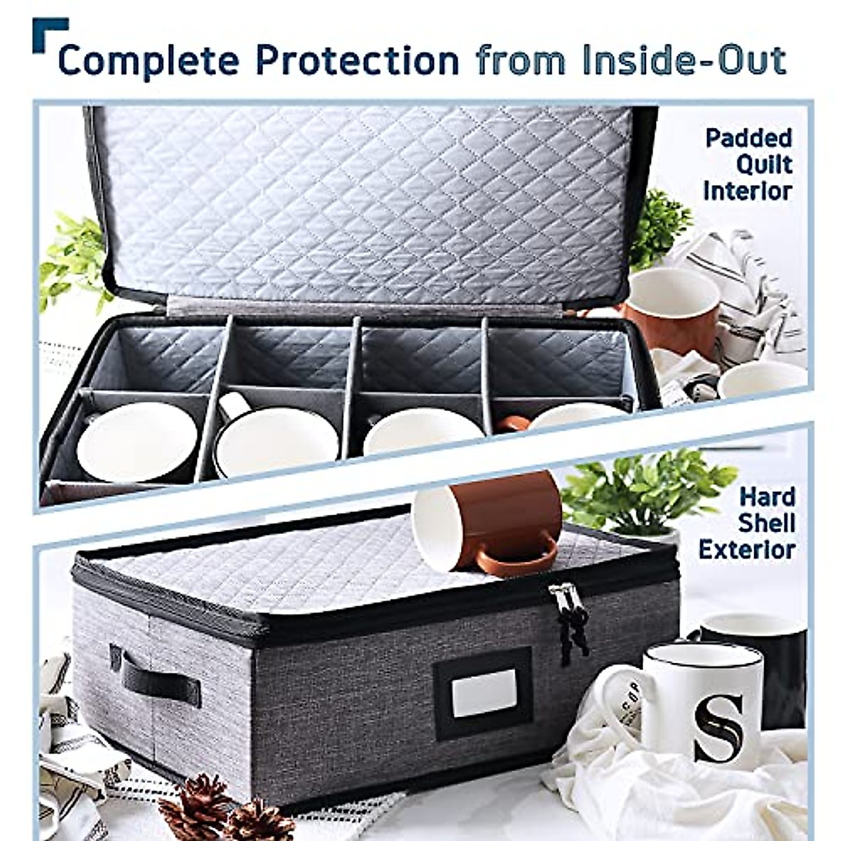 Mug Storage, Stackable Coffee Cup Storage Organizer for a Set of 12 - Padded Mug Storage Box with Dividers, China Storage Containers Hard Shell with Handles & Zippers for Easy Storage & Transport