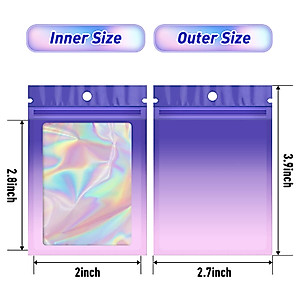 Funfery 100 Pack Gradient Holographic Bags,Mylar Resealable Bags with Zipper,Clear Window Packaging Pouch,Smell Proof Plastic Bags for Food Storage,Sample Jewelry Baggies(2.7×3.9in,Purple Pink)