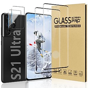 [2+2 Pack] Galaxy S21 Ultra Tempered Glass Screen Protector, Ultrasonic Fingerprint Support, 9H Hardness Scratch Resistant, 3D HD Curved, Bubble-Free, for Samsung Galaxy S21 Ultra Screen Protector(6.8