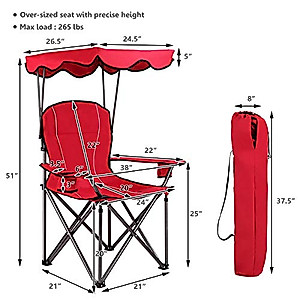 GYMAX Canopy Chair, Portable Folding Beach Pool Chair Lawn Chair with Canopy Two Cup Holders and Carry Bag, for Outdoor Beach Camp Park Patio (Red)