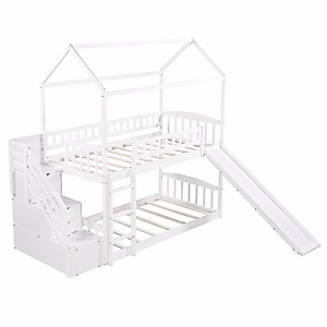 Twin Over Twin Bunk Bed for Kids Toddlers, House Bunk Bed Farm with Storage Steps and Slide Ladder Roof Guardrail for Girls/Boys, No Spring Box Required (White--Wood)