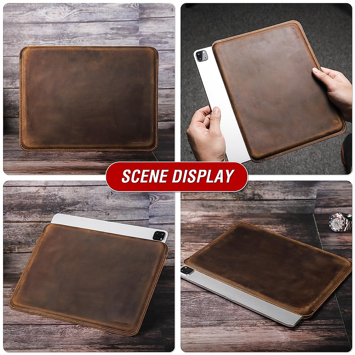CataPurus Top Grain Genuine Leather 12.9" iPad Sleeve Case, Minimalist Vintage Design, Handmade, Compatible with 12.9" iPad Pro 3/4/5/6 Gen, Fits A1876 A1865 A1983 A2014 A2229 A2232, Coffee 12.9 Inch