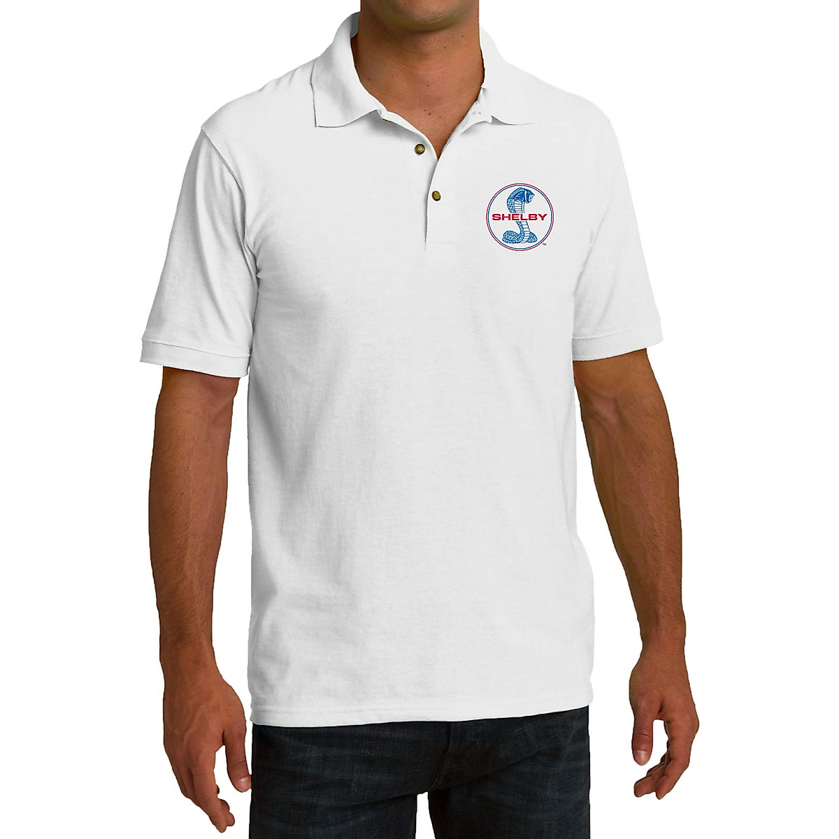 Ford Shelby Blue and Red Logo Pocket Print Pique Polo, White XL
