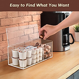 BEYGORM Acrylic Coffee Pod Holder with Lid for 24 Kcup, Clear Coffee Capsule Storage Organizer,3 Compartments Coffee Bar Station Organizer Compatible with Nespresso Pod,Creamer