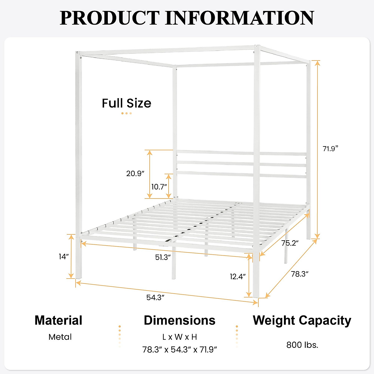 SHA CERLIN Metal Canopy Bed Frame Full Size/Mattress Foundation with Metal Slats Support/No Box Spring Needed/Easy Assembly/White