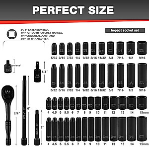 EACELIY 55pcs 1/4" Impact Socket Sets,SAE/Metric, Deep/Shallow, 6 Point，Cr-V Steel，(5/32"-9/16", 4-15mm) Sockets with 72 Tooth Ratchet，Extension bar，Universal Joint and Socket Adapter