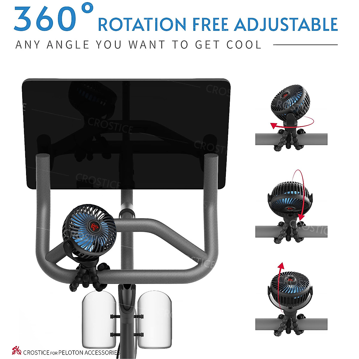 Crostice Fan for Peloton, Fan for Peloton Bike & Bike+, Upgraded Battery Fan with Flexible Tripod, 360°Rotation USB Fan Adjustable 3 Speed, Accessories for Peloton, Fan for Bike & Treadmill