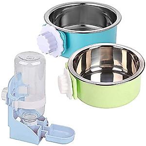 Hamiledyi Crate Bunny Food Bowl Removable Stainless Steel Pet Dog Cage Dual Bowls Plastic Hanging Water Fountain Automatic Bottle Food & Water Feeder Coop Cup for Rabbit Cat Puppy Guinea Pigs 3PCS