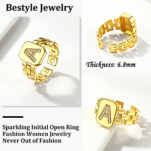 Bestyle Gold Cuban Chain Initial Ring Adjustable Fashion Signet Rings for Women Alphabet Letter E Resizable Knuckle Open Ring, Stackable Rings Fit #6-#12