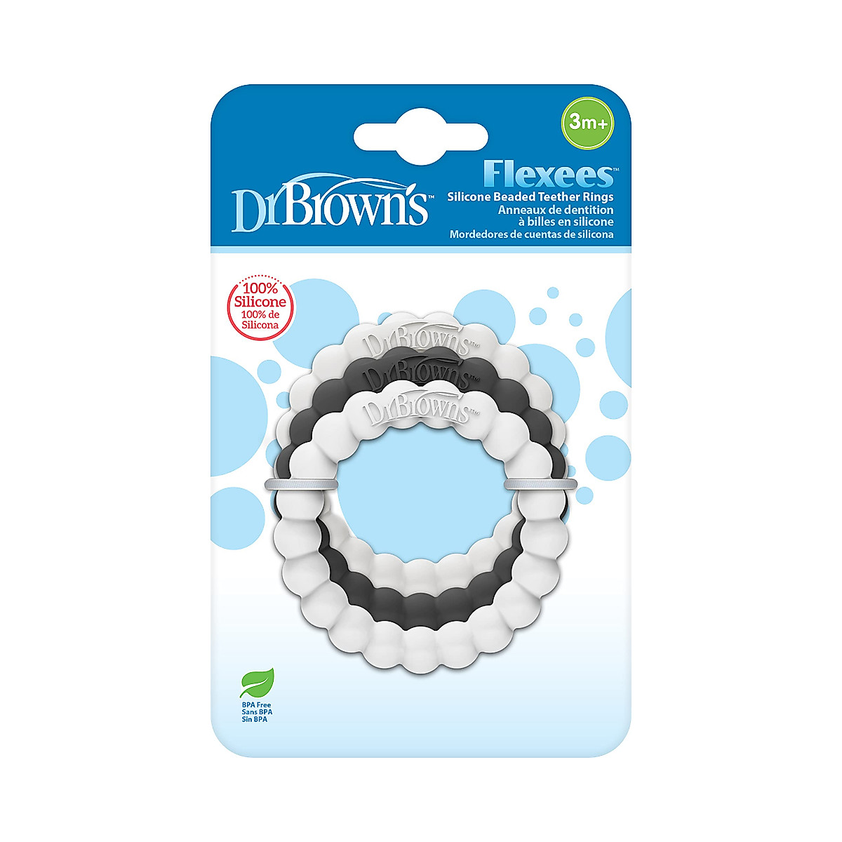 Dr. Brown's Flexees Beaded Teether Rings, 100% Silicone, Soft & Easy to Hold, Encourages Self-Soothe, 3 Pack, Black, White, Gray, BPA Free, 3m+