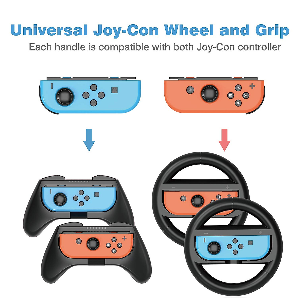 HEYSTOP Wheel Controller for Nintendo Switch & Switch OLED Model 2021 (4 Pack) Joy Con Controller Grip and Switch Steering Wheel for Mario Kart (Black)