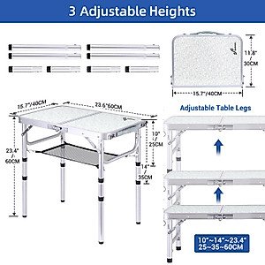 Sportneer Camping Table: Adjustable Height Small Folding Table 23.6" L x 15.7" W 3 Height with Mesh Layer - Compact & Portable Camping Essentials for Outdoor Camp Garden Picnic BBQ Dining Cooking