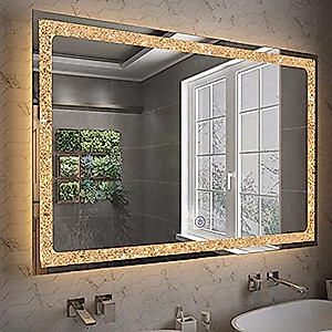 Chende 32" x 24" Crystal LED Bathroom Mirror for Wall, Dimmable Large Vanity Mirror with Lights for Bedroom, Plug in or Hardwired Light Up Mirror, 3 Light Colors Setting, Vertical & Horizontal Hanging