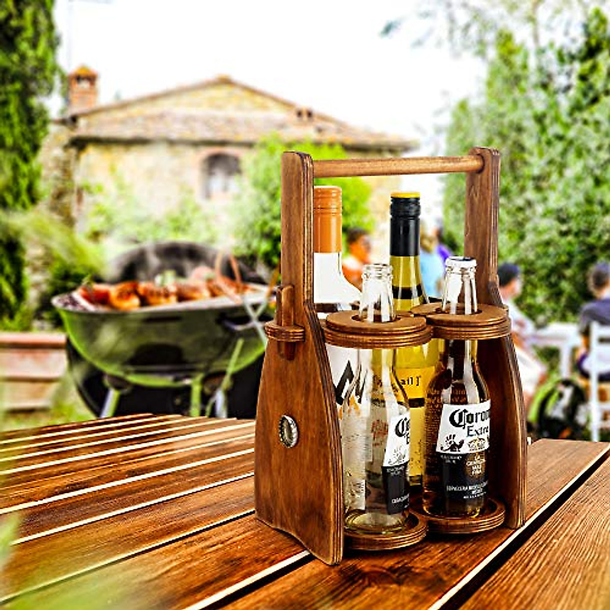 Wood Wine Bottle Glasses Caddy - Beer Carrier - Drinking Desk Accessories - Craft 4 Pack bottle Case - Men's Wine Organizer - Glass tray holder - Wine storage stand - Drink Holder for beer, for wine