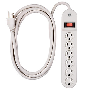 GE 6-Outlet Power Strip, 9 Ft Extension Cord, Twist-to-Lock Safety Covers, Integrated Circuit Breaker, UL Listed, White, 55253