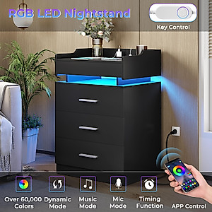 BTHFST LED Nightstand Set of 2, Large Night Stand with Charging Station, Bedside Table with Pull-Out Shelf and 3 Drawers, Modern End Table Side Table with Storage, Black