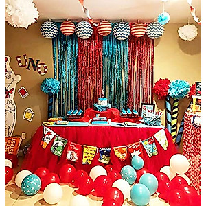 Dr Seuss Cat in The Hat Birthday Party Decorations/Dr Seuss Baby Shower/Thing One and Thing Two Birthday/Red Blue Fringe Foil Curtains Backdrop Circus Carnival Party/Nurse Graduation Deorations