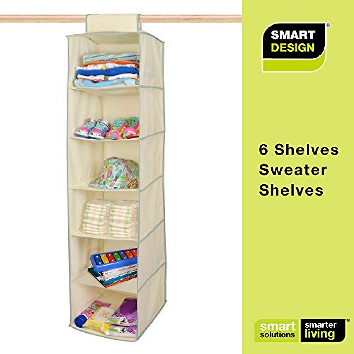 Smart Design Shelf Cubby Hanging Organizer w/ Hook & Loop - VentilAir Material - Clothing, Clothes, Accessories, & Closet Storage - Home Organization (6-Tier, Beige w/ Slate Trim)