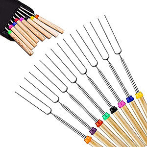 QUTHZZHY Roasting Sticks, Stainless Steel Smore Skewers with Wooden Handle, 32 Inch Extendable BBQ Forks Telescoping Smores Sticks for Fire Pit, Campfire