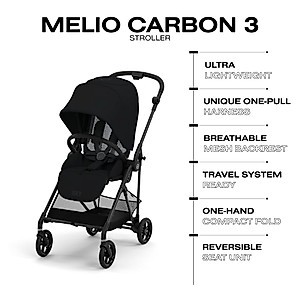 CYBEX Melio 3 Carbon Stroller, Ultra-Lightweight Stroller, Compact Full-Size Stroller, Reversible Seat, One Hand Fold, Travel System Ready, Infant Stroller for 6 Months+ - Moon Black