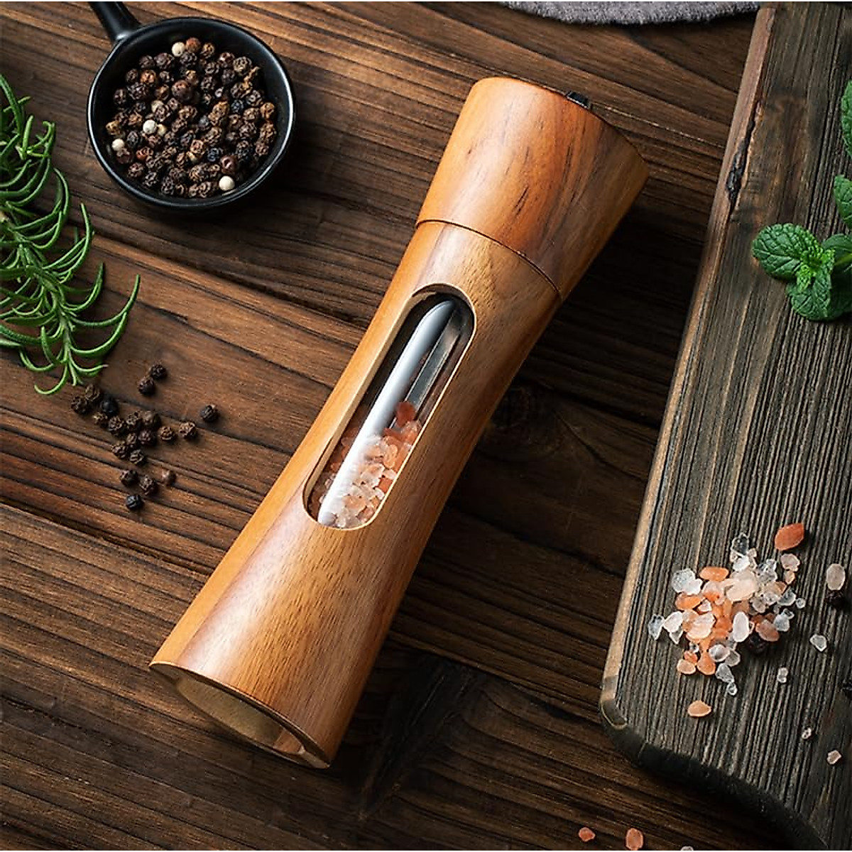 Ousyaah Salt and Pepper Grinder Set (2 Pack), Manual Wooden Salt and Pepper Shakers with Adjustable Ceramic Core and Visible Acrylic Window, Refillable Salt & Pepper Mill Set | Adjustable Coarseness