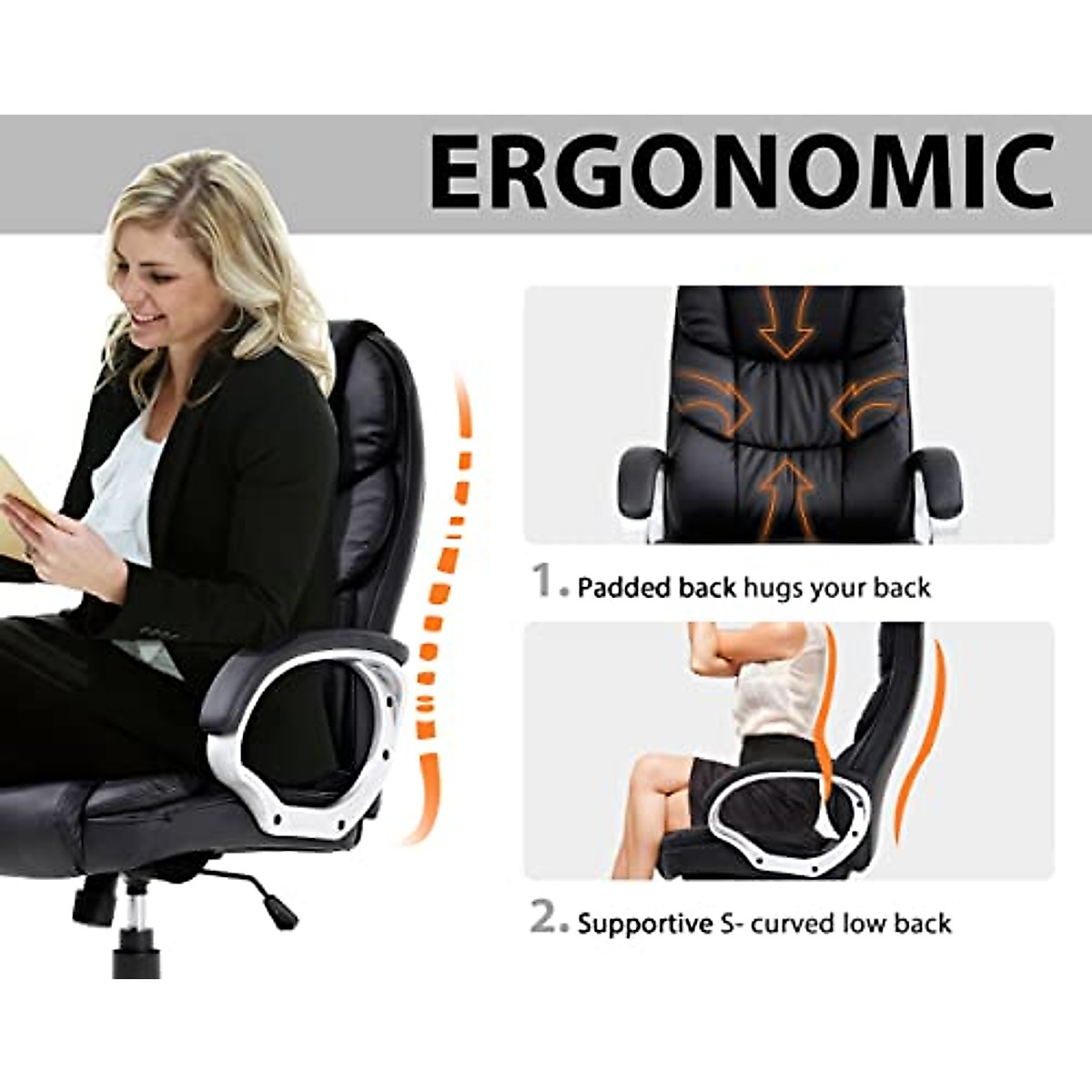 Big and Tall Office Chair High Back Executive Office Chair Comfortable Thickening Padded Cushion Leather Chair All Day Comfort Wide Seat Ergonomic Computer Desk Chair with Armrest